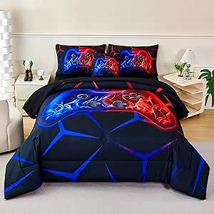 ZRNBAST 6-Piece Gamer Comforter Set Full Size Red and Blue Gaming Bedding Sets for Boys with Sheets Soft Fluffy Game Console Design Bed in a Bag (Red Blue, Full)