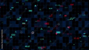 Changing stock market data on a dark background. Movable camera. Movements in the financial market. Virtual display of quotes. Looped, 4K