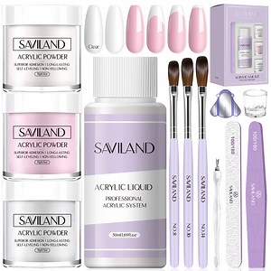 Saviland Acrylic Nail Kit - 3 Colors White/Pink/Clear Acrylic Powder and Liquid Set with Mononer Acrylic Liquid, Acrylic Nail Brush for Nail Extension for Beginners