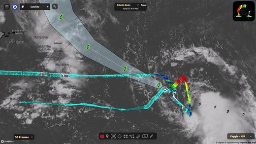 Tropical Storm #Jerry is fighting wind shear this afternoon, preventing the storm from organizing despite otherwise favorable parameters. Aircraft reconnaissance and buoy data indicate that wind speeds are near 60 mph. The storm will pass near the Leeward islands late Thursday. | RadarOmega