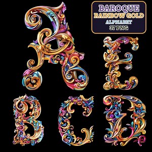 Rainbow Gold Baroque Alphabet PNG: Ornate Letters & Numbers (digital Download) - Etsy