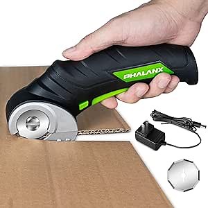 PHALANX Cordless Electric Scissors - 4V Cardboard Cutter with 2 Self-sharpening Cutter Blades, Rotary Cutter for Fabric Cutting, Power Box Cutter for Carpet with Safety Lock, Black