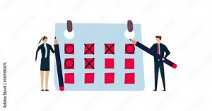 4k animation of Work schedule calendar, smart businessman and woman office worker holding big pencils discussing project timeline calendar.