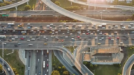 Aerial view of a multi-lane highway with traffic, overpasses, and merging lanes