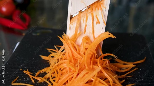 grate carrots woman uses a box grater to shred a carrot in a kitchen. This traditional method is labor-intensive and poses a risk of injury compared to modern kitchen gadgets.