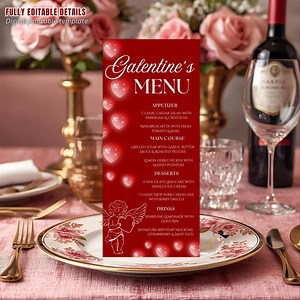 Red Valentines Dinner Party Menu, Galentines Day Brunch Menu Card Printable, Elegant Holiday Ladies Night Custom Hearts Cupid Menu Template - Etsy
