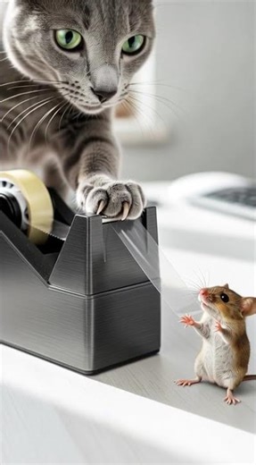 Mouse Stuck in Tape Trap as Cat Presses the Cutter