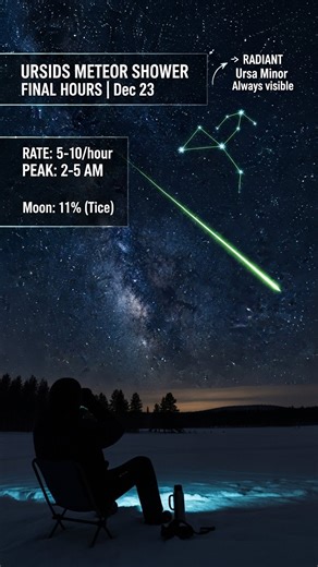 Last hours. The Ursids are still active—but the window is closing. December 23rd, early morning. Right now, the Ursid meteor shower is producing 5-10 meteors per hour. Not spectacular numbers like the Geminids. But here's why tonight matters: the Moon is only 11% illuminated—a thin crescent that set hours ago. The sky is dark. Pristine. No lunar interference. The radiant point is Ursa Minor—the Little Dipper. It's circumpolar, meaning it never sets. All night, every night, it stays above your no