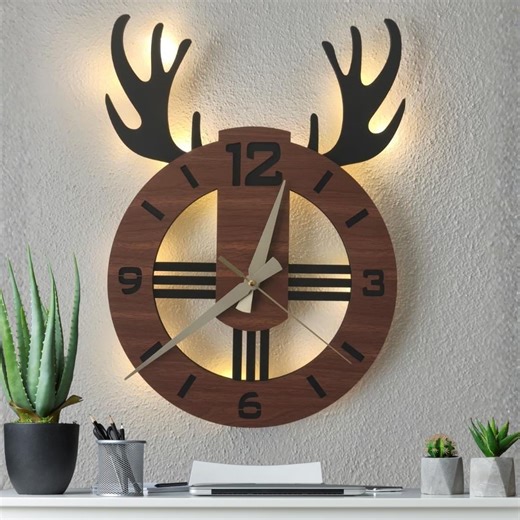 Walnut Color Deer Design LED Lighted Wall Clock 40 Cm - Etsy