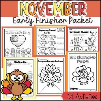 November Early Finisher First Grade Packet | Independent Worksheets Thanksgiving
