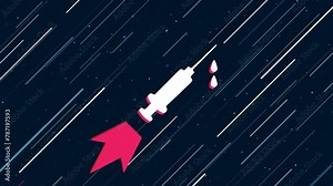 Syringe symbol flies through the universe on a jet propulsion. The symbol in the center is shaking due to high speed. Seamless looped 4k animation on dark blue background with stars
