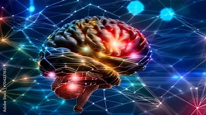 A 3D representation of the brain, with lights of different colors indicating neural activity. The surface of the brain is highlighted by light, with active areas distinguished by color.