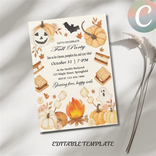 Fall Bonfire Party Invitation Template Rustic Autumn Gathering - Etsy