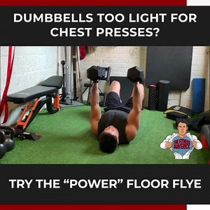💥The “power” floor Flye is basically a hybrid between a dumbbell flye and a press. If you don’t have access a bench these are a good option. If your dumbbells are too light for chest presses then these offer greater difficulty too, while you can still handle a reasonable weight. Notes on these: Your triceps should touch the floor but the dumbbells should not. Your elbows should remain bent throughout. You’ll find the range of motion is fairly limited. But that’s a good thing. Because of the red