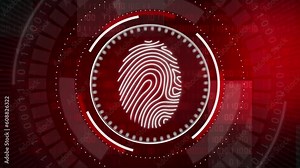 Animation of fingerprint scanner. Motion digital elements and 3D graphics with binary code. Biometric identification. Looped animation on red background.