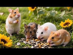 Four cute little hamsters enjoy a meal on the green grass - Hamster video