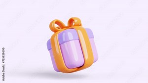 3d colorful gift box rotation render. Present package with gold ribbon bow, holiday closed cube box for birthday or wedding, animation with rotating element. Isolated game reward icon, prize, bonus.