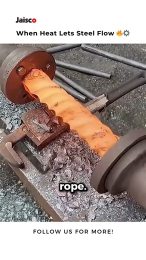 Jaisco | Motor Manufacturer🇮🇳 on Instagram: "Twisting hot-forged steel isn’t brute force—it’s timing and temperature. When steel is worked at forging heat, its internal grain structure becomes pliable, allowing controlled deformation without cracking. The twist realigns the grains along the new shape, improving toughness while creating complex geometry in a single operation. This is why hot twisting is used for shafts, tools, and decorative structural parts where strength and form must coexist
