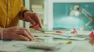 Notebook. Team members effectively use maint cards in the creative office. Experts in business project management work with color notes creating new company development strategies, brainstorming