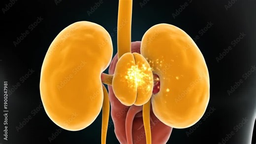 3D Animation: Human Adrenal Glands, Endocrine System, Hormone Particles