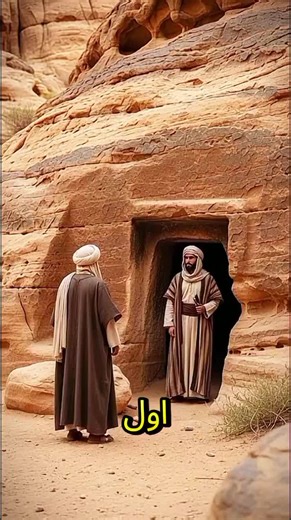 Le Prophète voilé dans la cavité..Dans une petite cavité creusée dans la roche, deux hommes sont assis par terre. L’un, placé plus près de la caméra, est voilé par une lumière blanche intense qui efface ses traits, symbole de sa nature prophétique et sacrée. L’autre, en retrait, adopte une posture humble et réaliste, tourné vers lui. L’ambiance est dramatique et silencieuse, baignée d’une lumière dorée filtrée par l’ouverture de la cavité, renforçant le mystère et la dimension spirituelle de la 