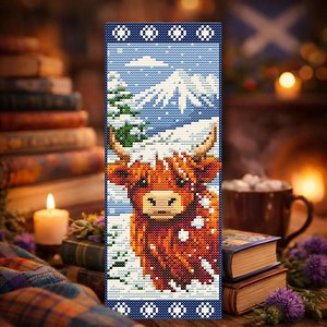 Highland Cow Bookmark Cross Stitch Pattern PDF, Snowy Scotland Winter Embroidery, Book Lover Gift - Etsy