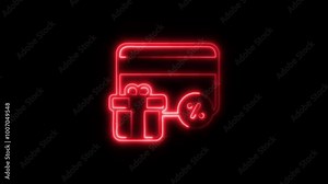 Gift Card Outline Icon in HD Video Neon Animation – Shopping and Reward Symbol for Vouchers, Discounts, and Special Offers on Black Background Stock Video