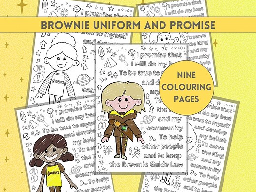 Brownie Promise and Uniform Colouring UK | Girlguiding Printable | Brownie Guide Colouring Pages | Rainbows Digital PDF | Brownie Resource - Etsy