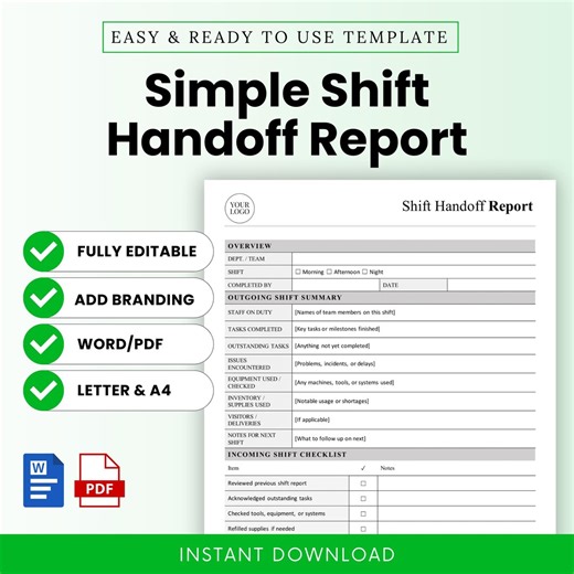 Simple Shift Handoff Report Template - Word & PDF, A4 + US Letter - Etsy