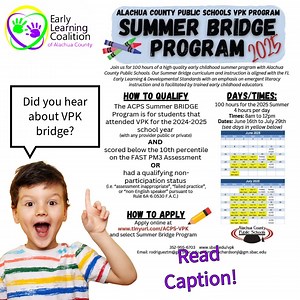 📢 Does Your Child Qualify for the ACPS SummerBRIDGE Program? ☀️📚 The SummerBRIDGE Program is designed for students who attended VPK in the 2024-2025 school year and meet the following criteria: ✅ Scored below the 10th percentile on the FAST PM3 Assessment OR ✅ Had a qualifying non-participation status (e.g., “assessment inappropriate,” “failed practice,” or “non-English speaker” per Rule 6A-6.0530 F.A.C.) 🕒 Program Details: 🔹 100 hours of instruction (4 hours per day) 📅 June 16- July 29 8am
