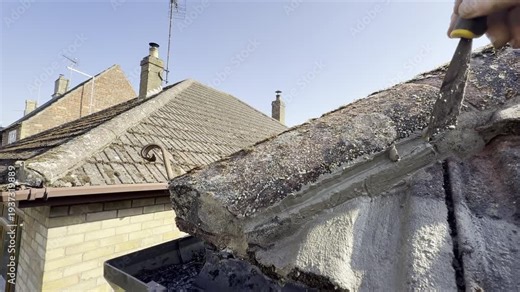 Closeup elevated POV shot of a lower corner of a house roof, where a man’s hand is using a filler knife to repoint a rounded ridge tile with new wet cement mortar.