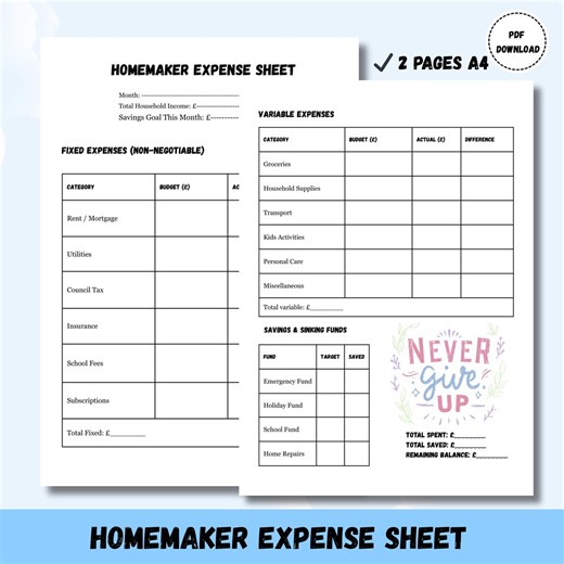 Homemaker Household Expense Sheet | Budget Planner PDF | Monthly Tracker Worksheet | Household Finance Printable - Etsy