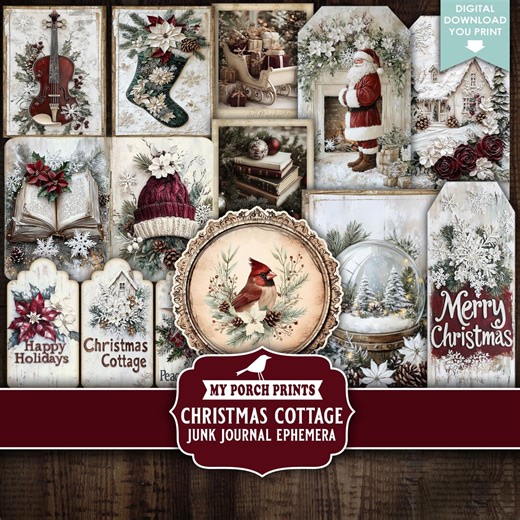 Christmas Cottage Junk Journal EPHEMERA, Kit, Vintage, Holiday, Red, Green, White, Cards, Tags, My Porch Prints Printable Digital Download - Etsy Australia