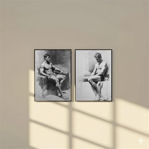 Black and White Male Figure Drawing Set | Graphite Sketch Diptych - Etsy