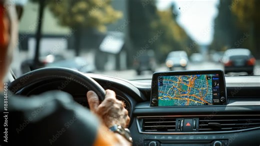 Driver navigating city streets using a modern car GPS navigation system on a sunny day. Urban traffic and digital map technology enhance the driving experience and route planning