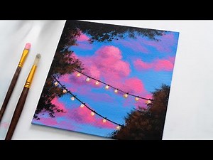 How To Paint Clouds & String Lights Scenery | Acrylic Painting | Easy Painting Step by Step