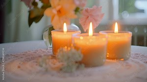Fragrant candles flicker atop a lace tablecloth creating a cozy and intimate setting for a romantic Valentines Day dinner. Stock Video