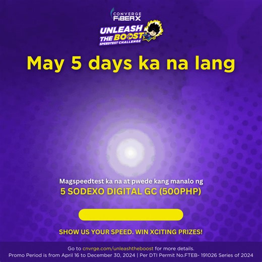 12K views · 167 reactions | 5 days left to go! Speed test now and get a chance to bring home 5 Sodexo GCs. Take the challenge and submit your entries at https://cnvrge.co/unleashtheboostFB #UnleashTheBoostSpeedTestChallenge | Converge FiberX | Facebook