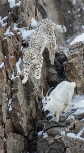 Snow Leopard Chases a Mountain Goat Through a Rocky Gorge