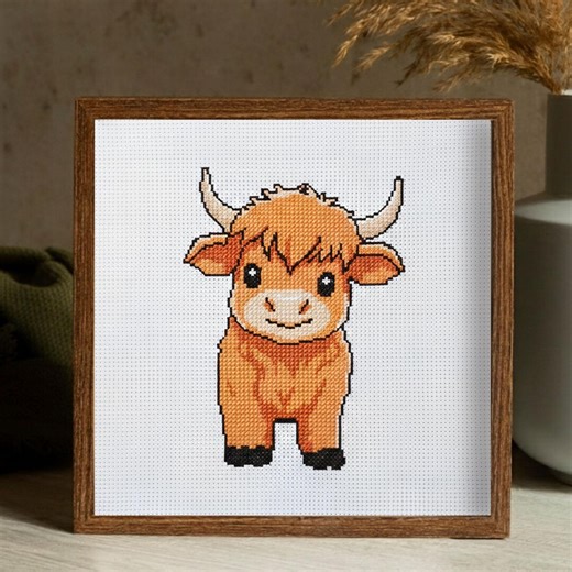 Highland Cow Cross Stitch Pattern, Cute Calf Embroidery Design, Farmhouse Animal Decor, Instant Download - Etsy