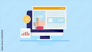 Click through rate, user pressing display ads on website. Conversion optimization, increase sales and revenue e-business digital technology video animation concept.