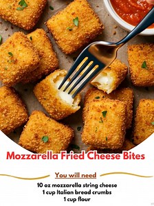 Mozzarella 👧 Fried Cheese Bites Ingredients 10 sticks mozzarella string cheese 1 cup Italian bread crumbs 1 cup flour 2 eggs ¼ cup milk Cayenne pepper (optional) Instructions ..... Full Recipe in Coʍmеոτ 💬 🚕 | Yummy Recipes