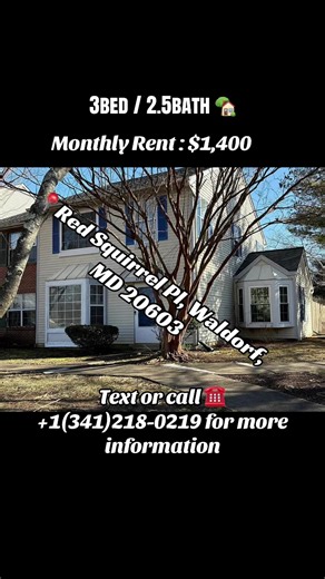 3bed 2.5bath🏡 Rent: $1,400 📍Red Squirrel Pl, Waldorf, MD 20603 All utilities included Parking available. Pet friendly Text/ call 1(341) 218-0219 for more details. Come home to this beautiful end unit in the sought after Hampshire neighborhood. Gorgeous, remodeled kitchen with breakfast nook. New appliances. Extra dining and entertaining or study room. New carpet. Freshly painted throughout. Large fenced in yard with patio. Community pool and tennis court with large playground. Close to good sc