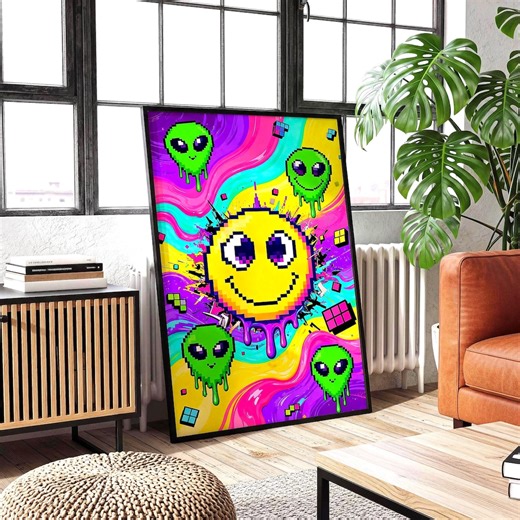 Psychedelic Smiley Face Art Print, Retro Pixel Alien Pop Art (digital Download) - Etsy UK