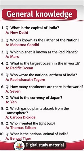 “Top 10 GK Questions & Answers | General Knowledge Quiz for Students” ✅