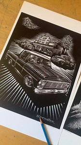Awesome scratchboard art by the master (and the featured artist in the very first issue of Gnarly Magazine) @thebomonster 🤘Repost👉 @thebomonster Signing classics today. #fordtrucks #f150 #mcescher #hotrodculture #thebomonster | Gnarly Magazine