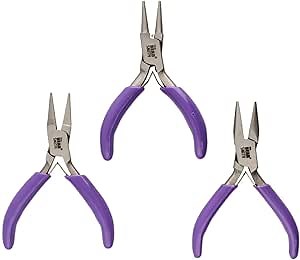 The Beadsmith Mini Series Plier Set – 3-Piece Kit: Chain Nose, Round Nose & Flat Nose – 3-Inches, Purple Comfort Grip Handle, Single Leaf Spring, Polished Steel Head – Tools for Jewelry Making