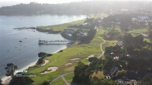Drone shows a fairway flyover of Pebble Beach Golf Links in California