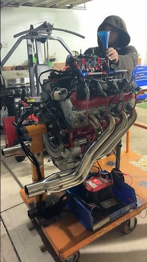 6.0 bored 30 over 12.7:1 compression 110 octane first start on homemade run stand #engines #lsswap