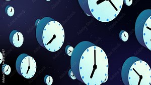 Cartoon counter clocks 12 hours flying on night stars background. Surrealistic isometric animation for illustrating time of any process, dream, etc... Seamless loop.